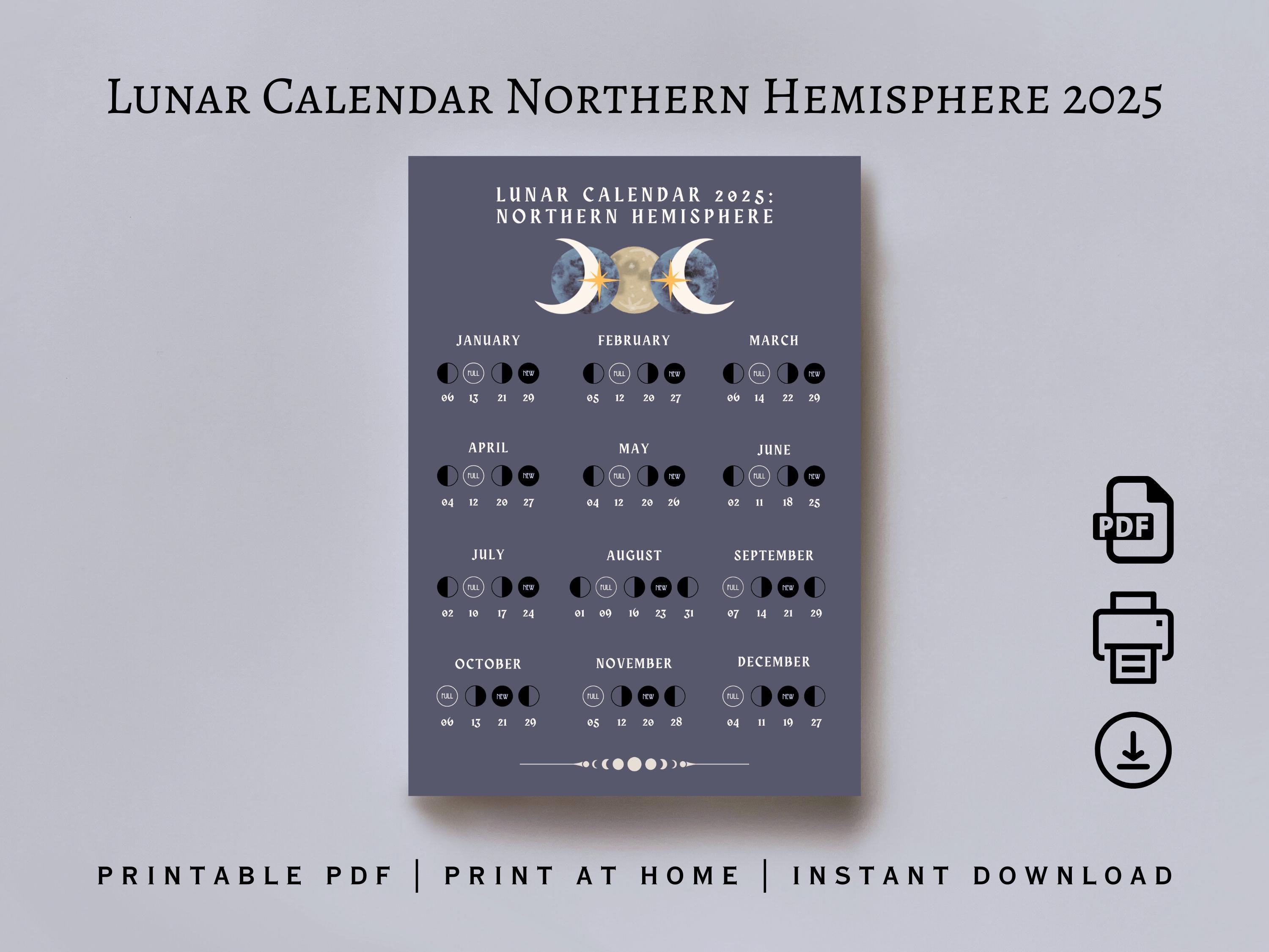 Printable Lunar Phase Calendar for Northern Hemisphere | Single Page ...