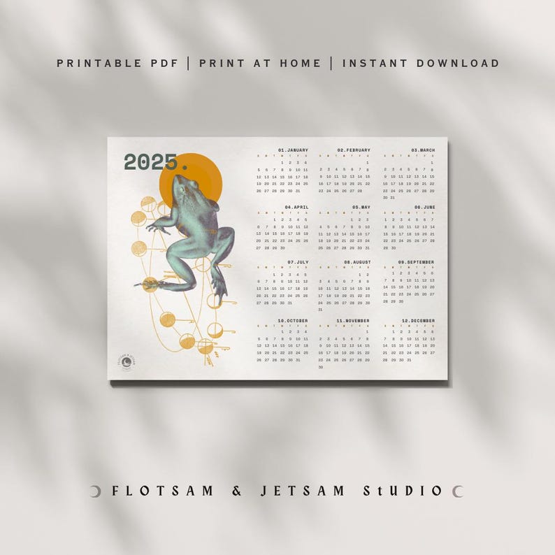 Printable 2025 Year at a Glance Calendar | Frog Graphic Minimal Design ...