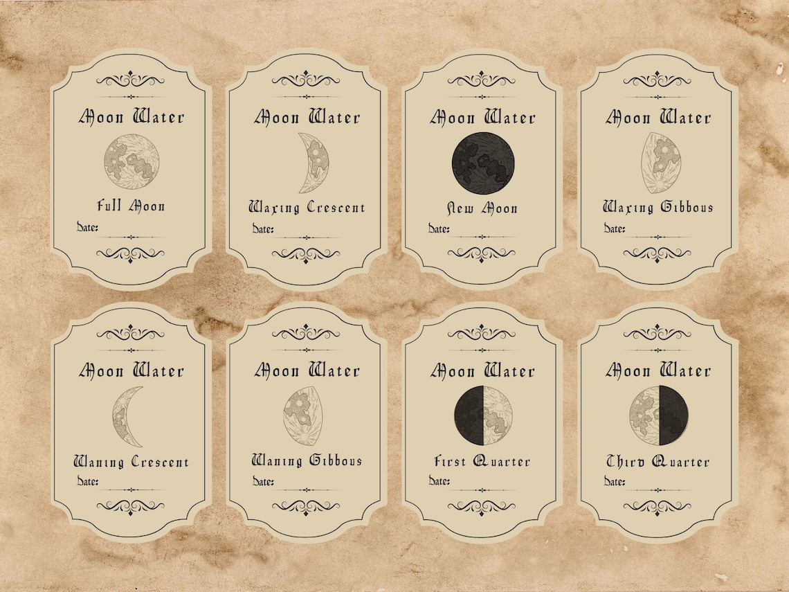 Printable Moon Water Labels: 8 Lunar Phases, Witchy Apothecary (digital ...
