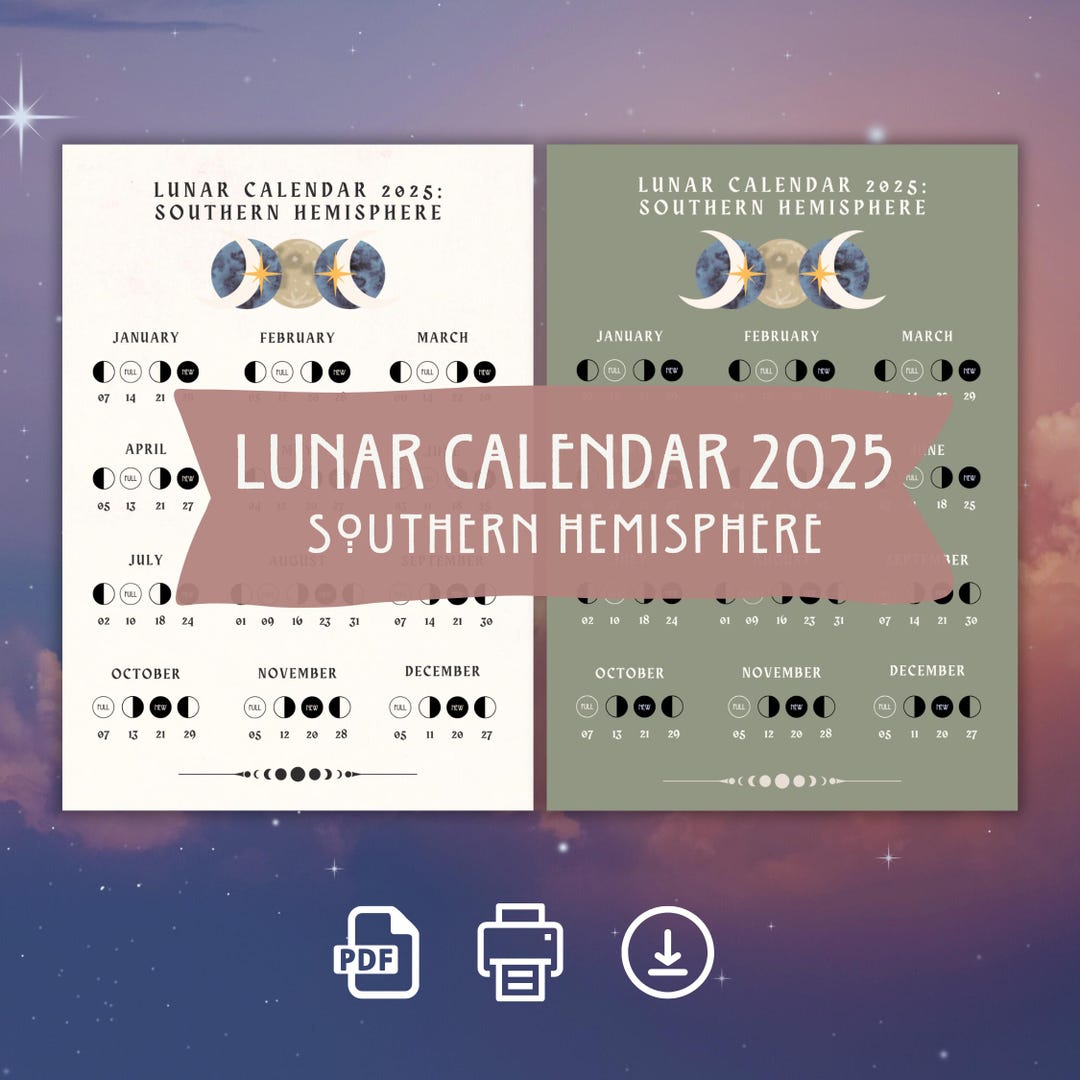 Printable Lunar Phase Calendar for Southern Hemisphere | A3 Single Page ...