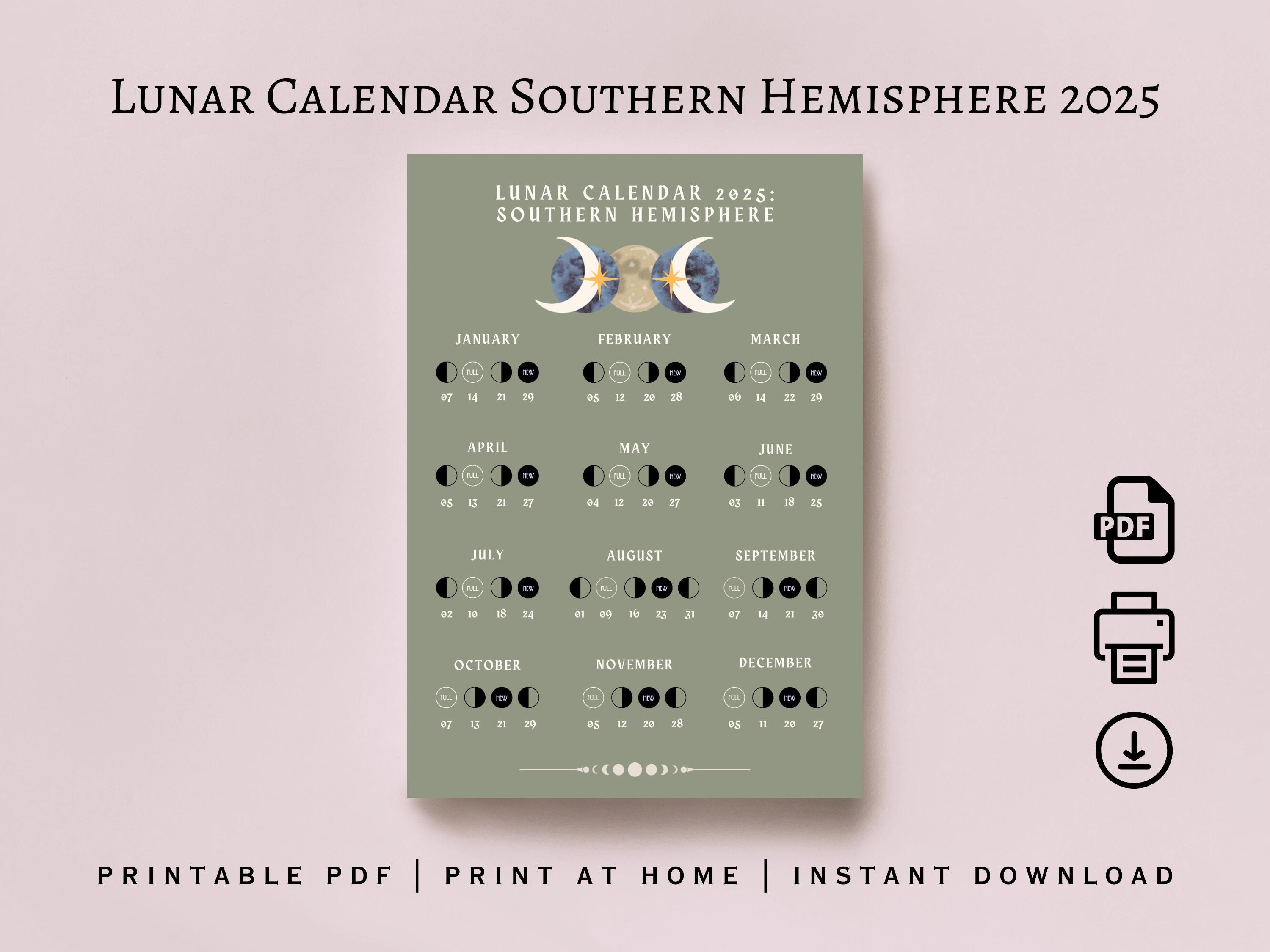 Printable Lunar Phase Calendar for Southern Hemisphere | A3 Single Page ...