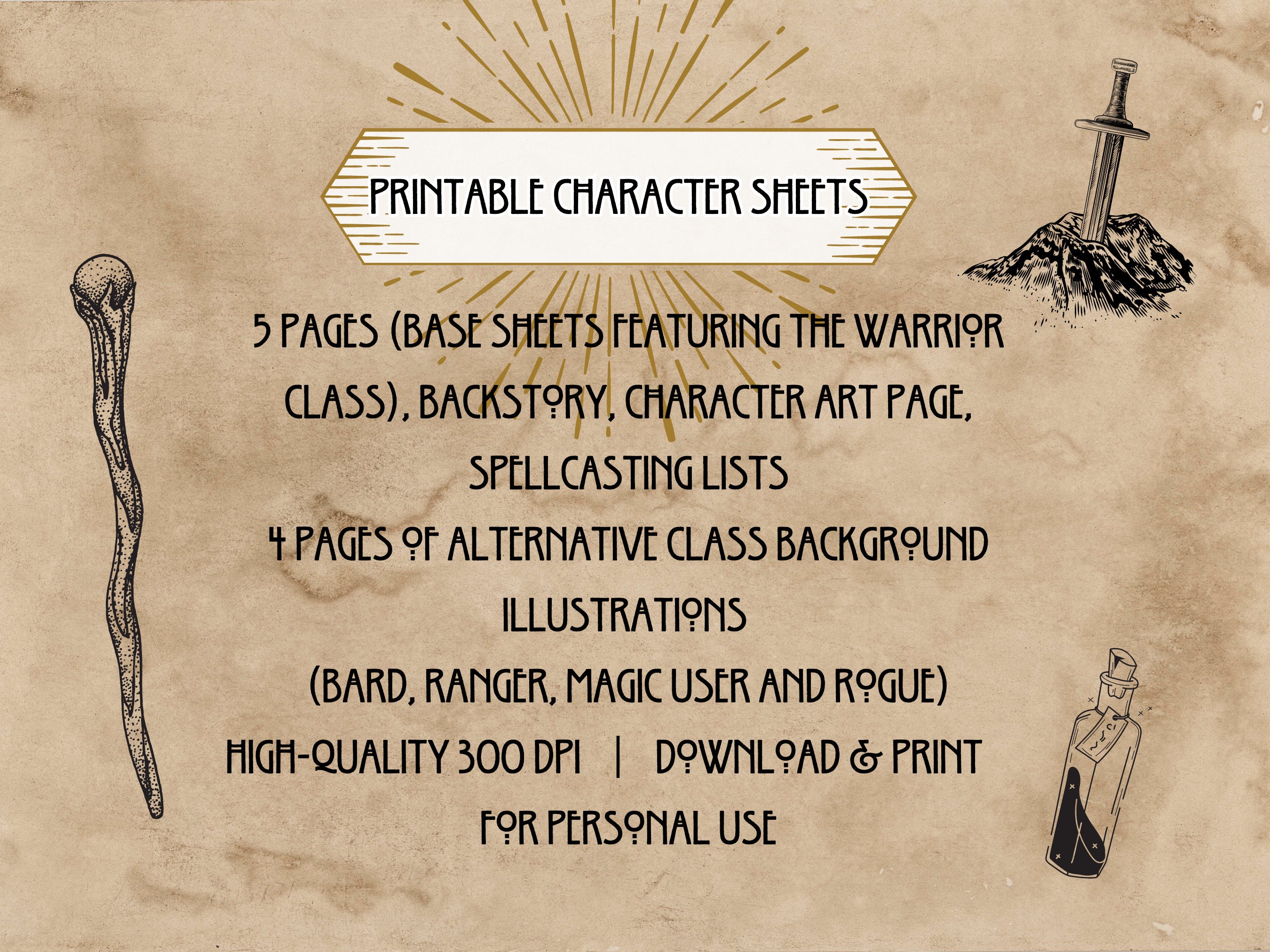 Printable Table-top Adventure Game Character Sheets dnd Vintage Aged ...