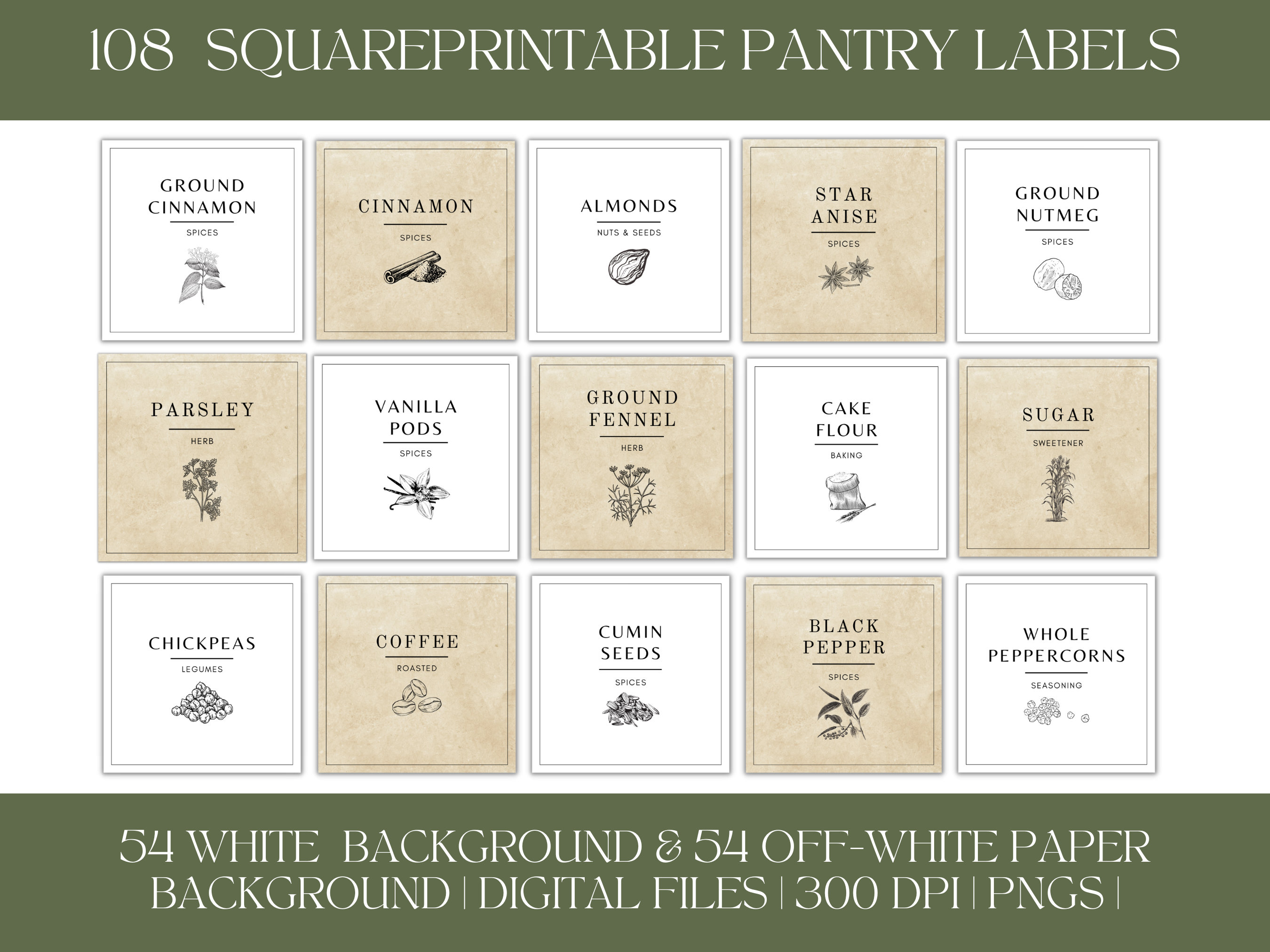 108 Printable Kitchen Labels | Minimal Square Pantry Labels | Kitchen ...