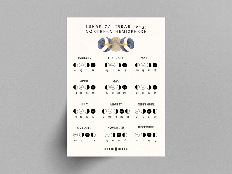 Printable Lunar Phase Calendar for Northern Hemisphere | Single Page ...