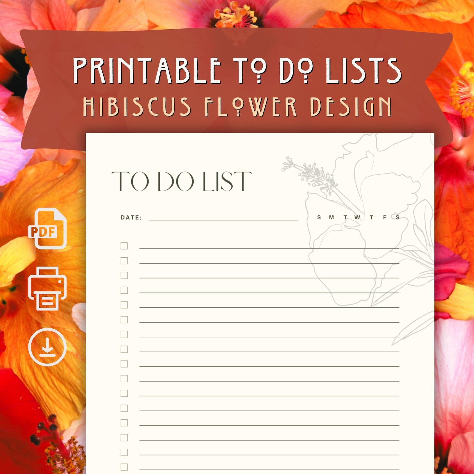 Printable to Do Lists | Line Art Hibiscus Flower Illustration | Minimal ...