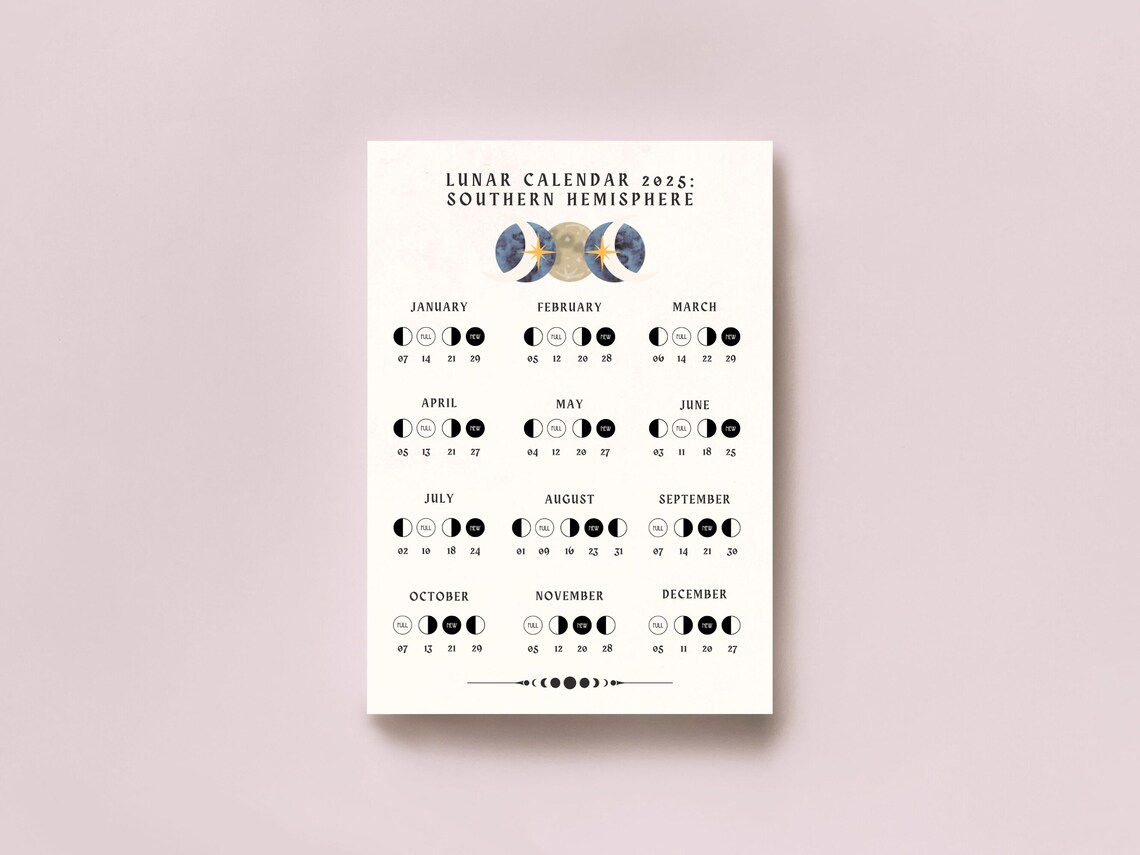 Printable Lunar Phase Calendar for Southern Hemisphere | A3 Single Page ...