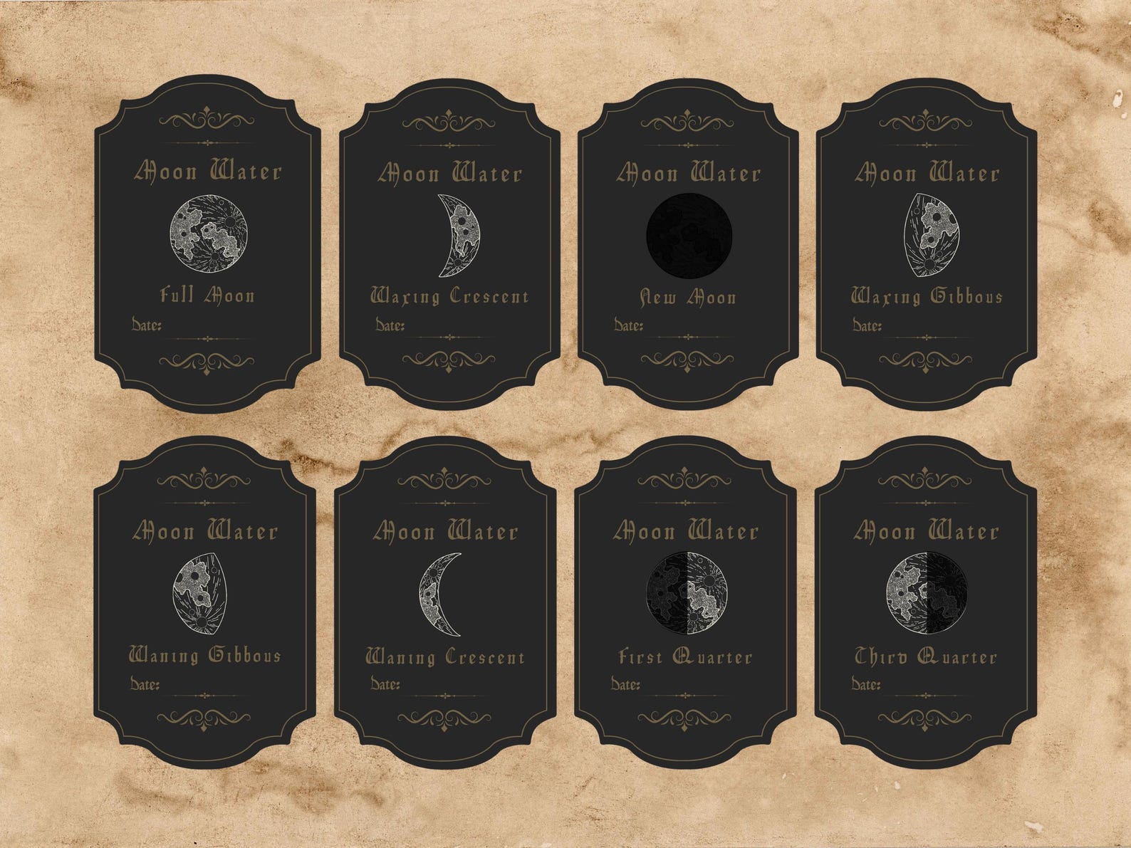 Printable Moon Water Labels: 8 Lunar Phases, Witchy Apothecary (digital ...