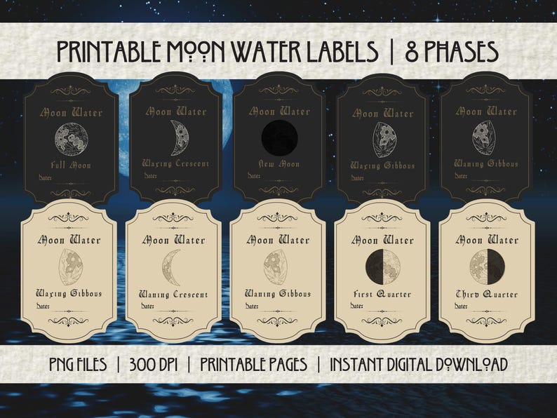Printable Moon Water Labels | 8 Lunar Phases (includes Transitional ...