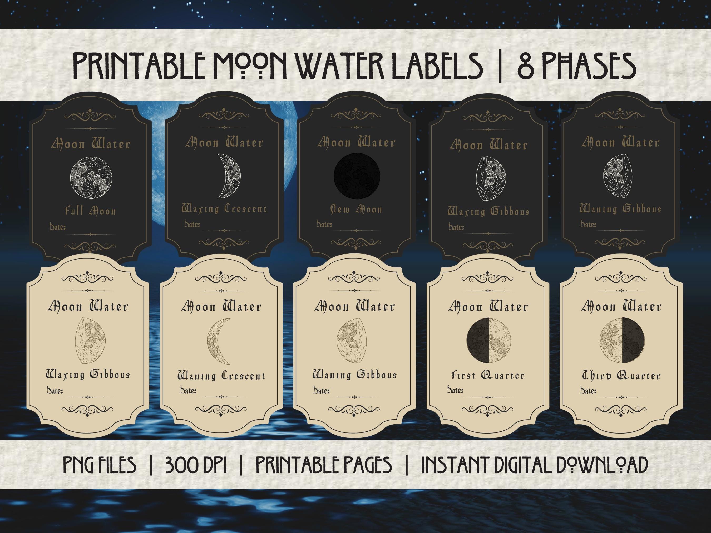 Printable Moon Water Labels | 8 Lunar Phases (includes Transitional ...