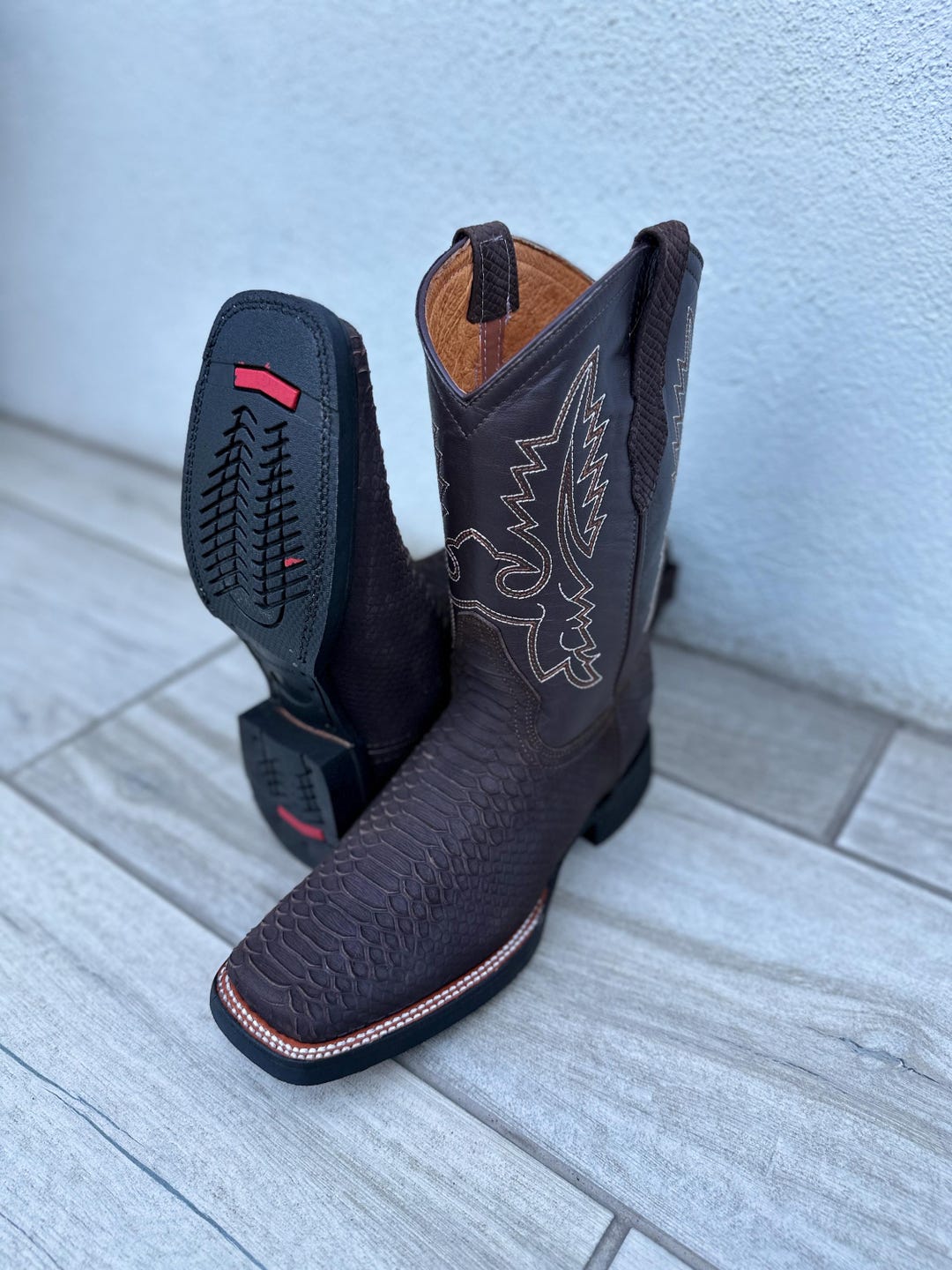 MENS COWBOY Boots BROWN Nubuck Snake Skin Square Toe Half Boots ...