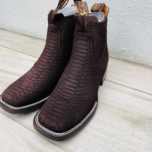 MENS COWBOY Boots BROWN Nubuck Snake Skin Square Toe Half Boots ...