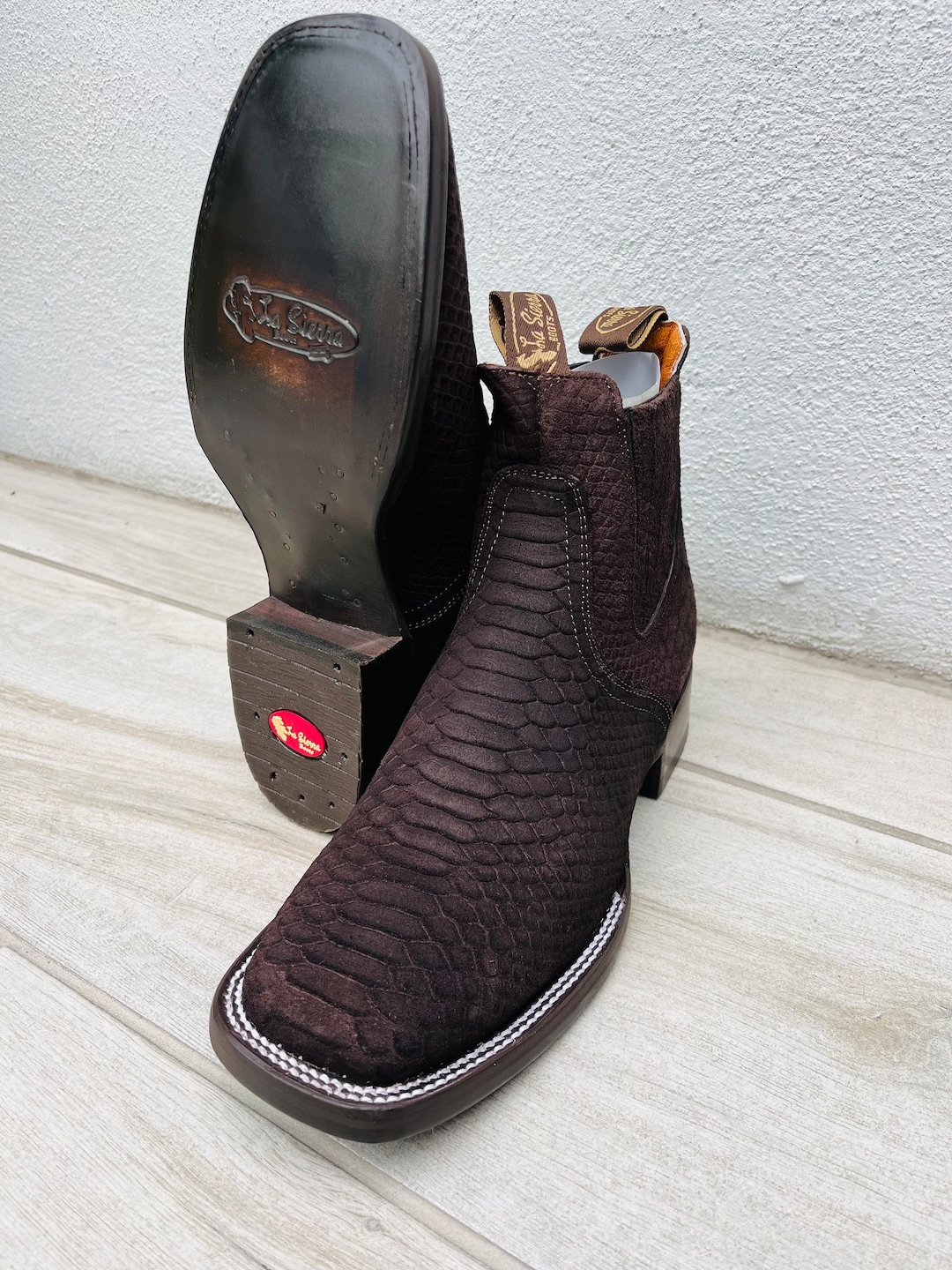 MENS COWBOY Boots BROWN Nubuck Snake Skin Square Toe Half Boots ...