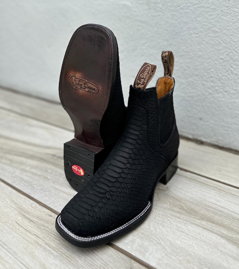 MENS COWBOY Boots Black Nubuck Snake Skin Square Toe Half Boots ...