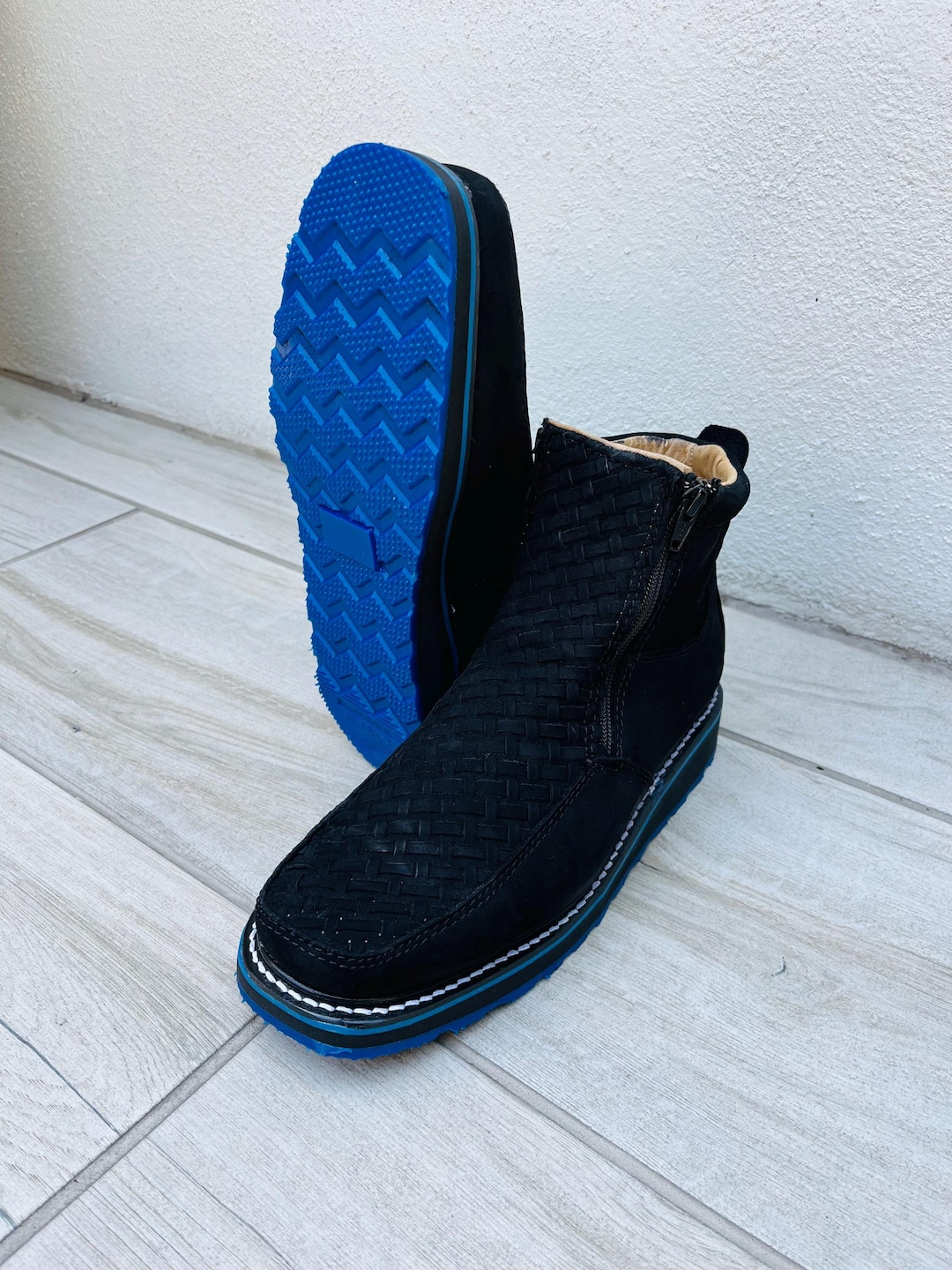 Men’s Workboots Blue Bottom Boots Black Nubuck Petatillo Double Zipper ...