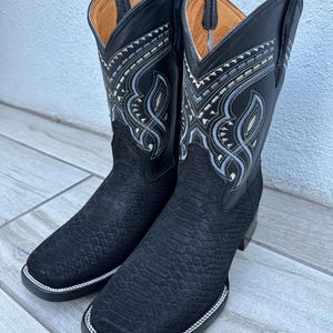 MENS COWBOY Boots Black Nubuck Snake Skin Square Toe Half Boots ...