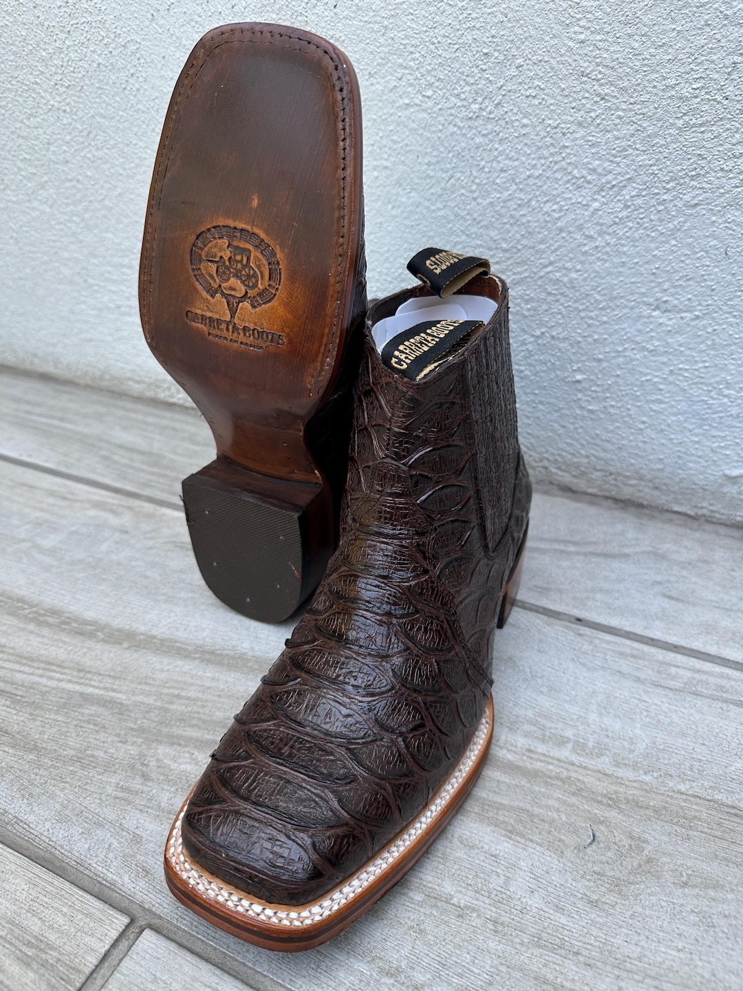 MENS COWBOY Boots Brown Monster Fish Genuine Leather Square Toe Half ...