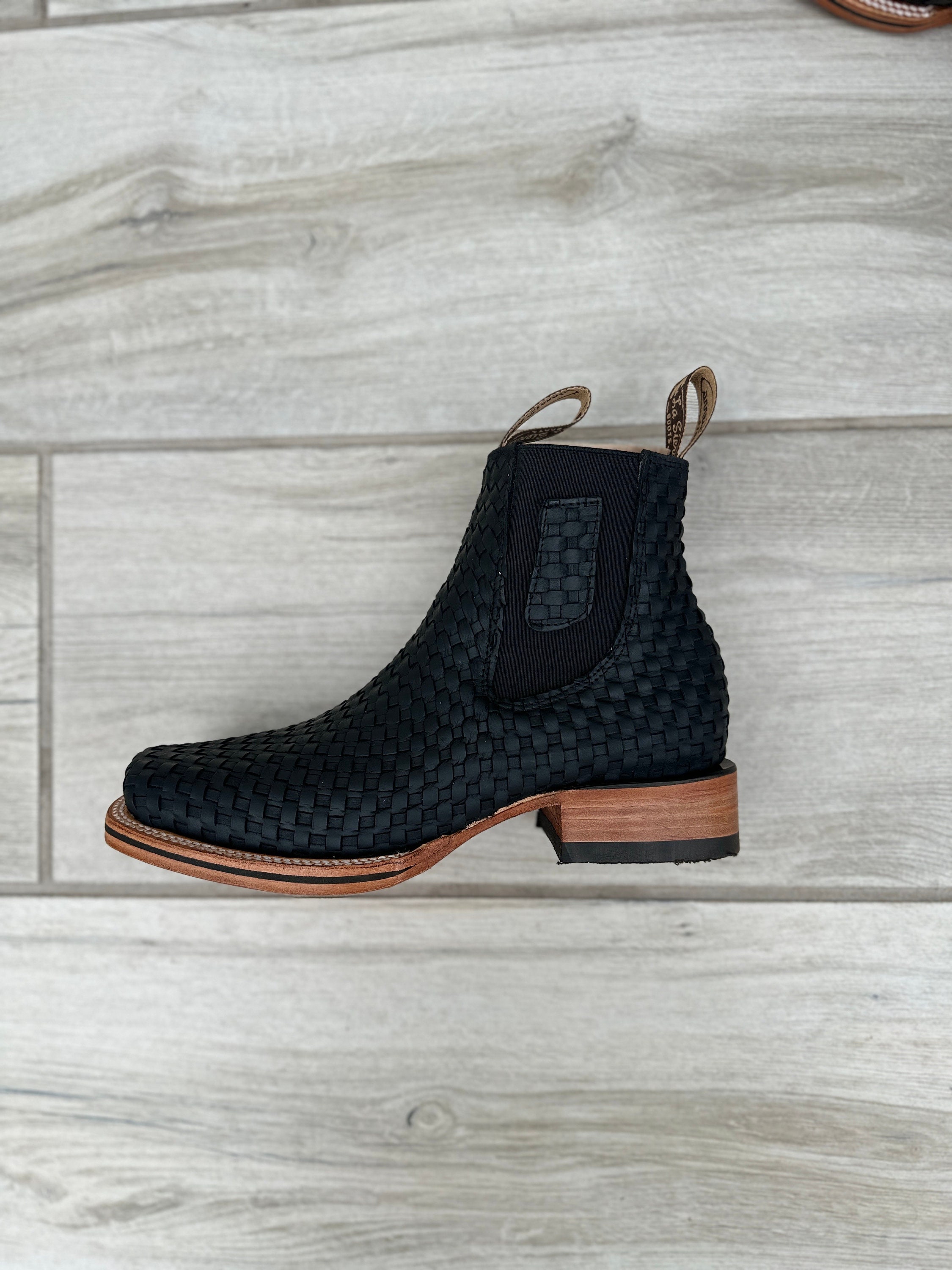 MENS COWBOY Boots Black Petatillo Woven Genuine Leather Square Toe Half ...