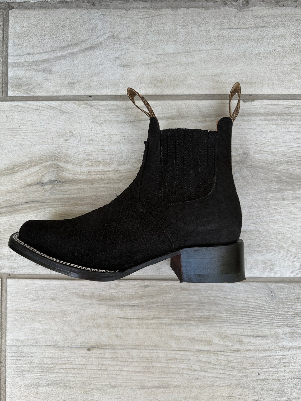 WOMENS COWGIRL Boots Black Nubuck Snake Skin Square Toe Half Boots ...