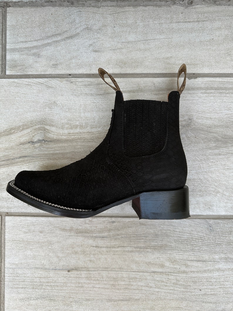 WOMENS COWGIRL Black Nubuck Snake Skin Square Toe Half Boots Boutines ...