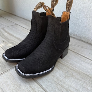 WOMENS COWGIRL Boots Black Nubuck Snake Skin Square Toe Half Boots ...
