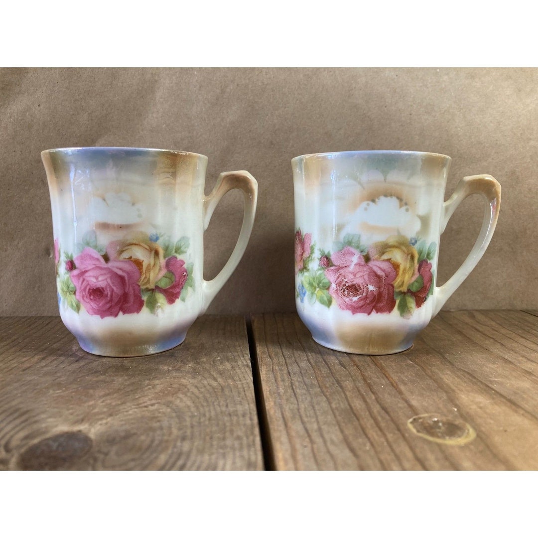 Two Vintage Bavaria Porcelain Flower Tea Cups Pink Florals Blue Clouds ...