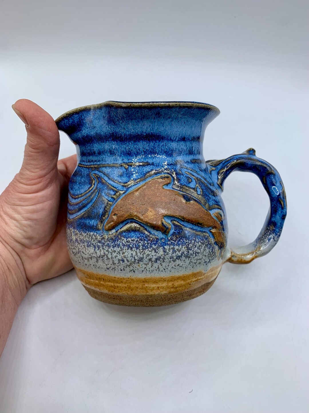 Jason Stokes Handmade Studio Pottery Pitcher Dolphin Ocean Sea Life ...