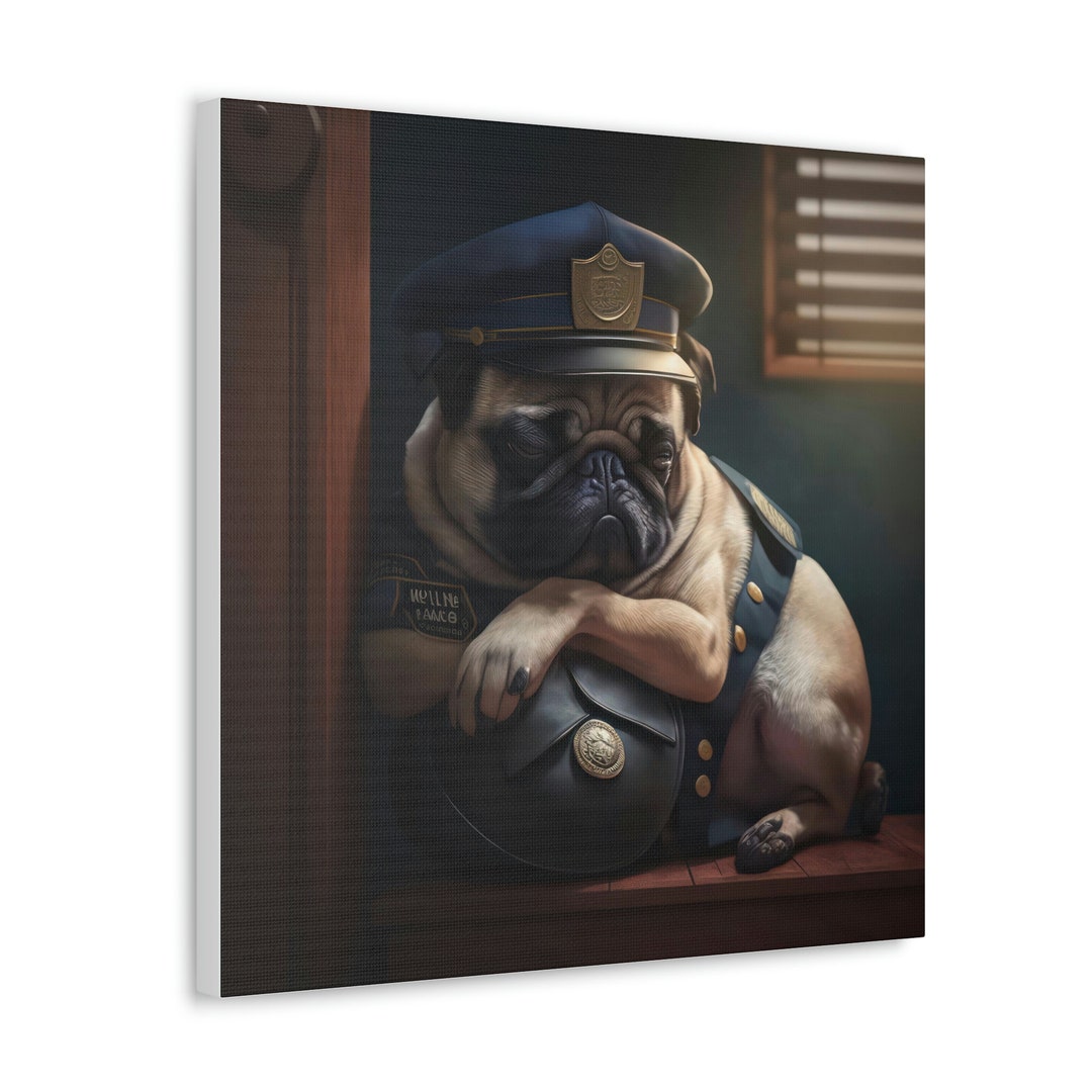 Sleepy Police Officer Pug Canvas Optional Personalization Ready to Hang ...