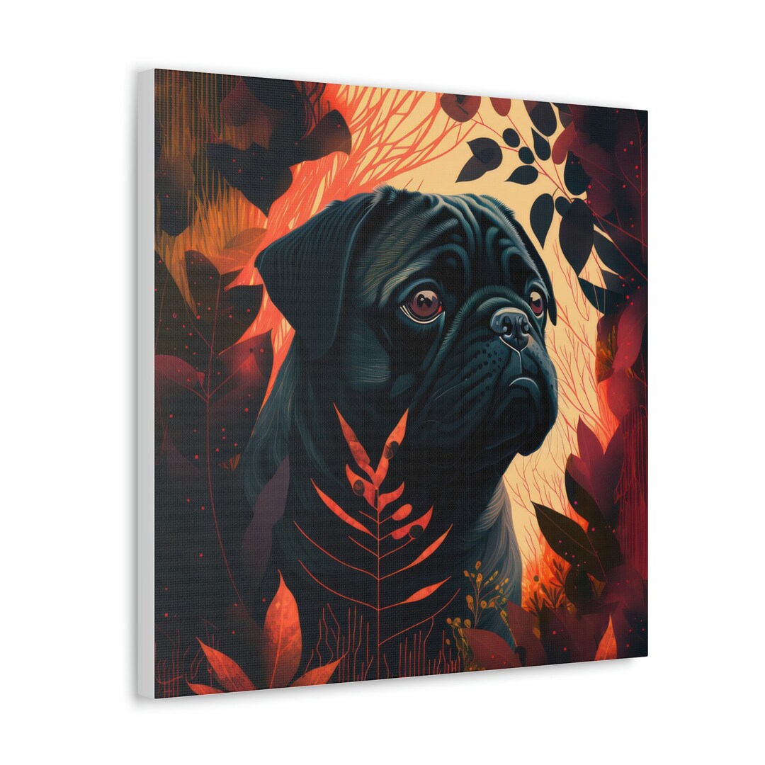 Colorful Portrait Black Pug Canvas Print Optional Personalization Ready ...