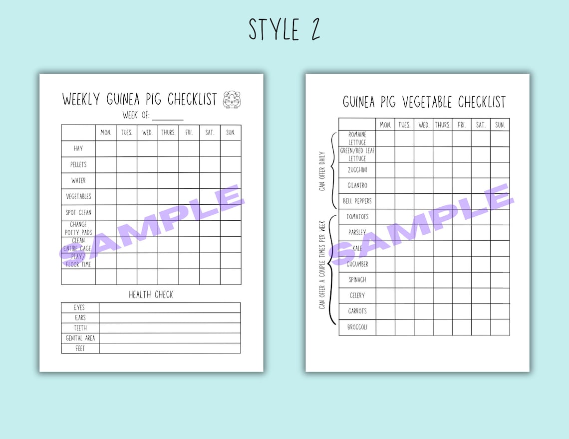 Guinea Pig Checklist Guinea Pig Weekly Care Planner Guinea Pig Weekly ...