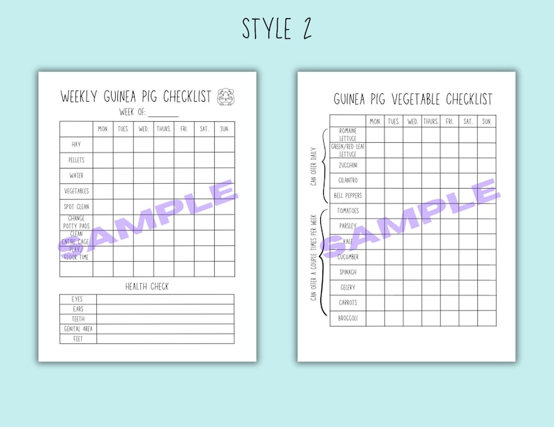 Guinea Pig Checklist Guinea Pig Weekly Care Planner Guinea Pig Weekly ...