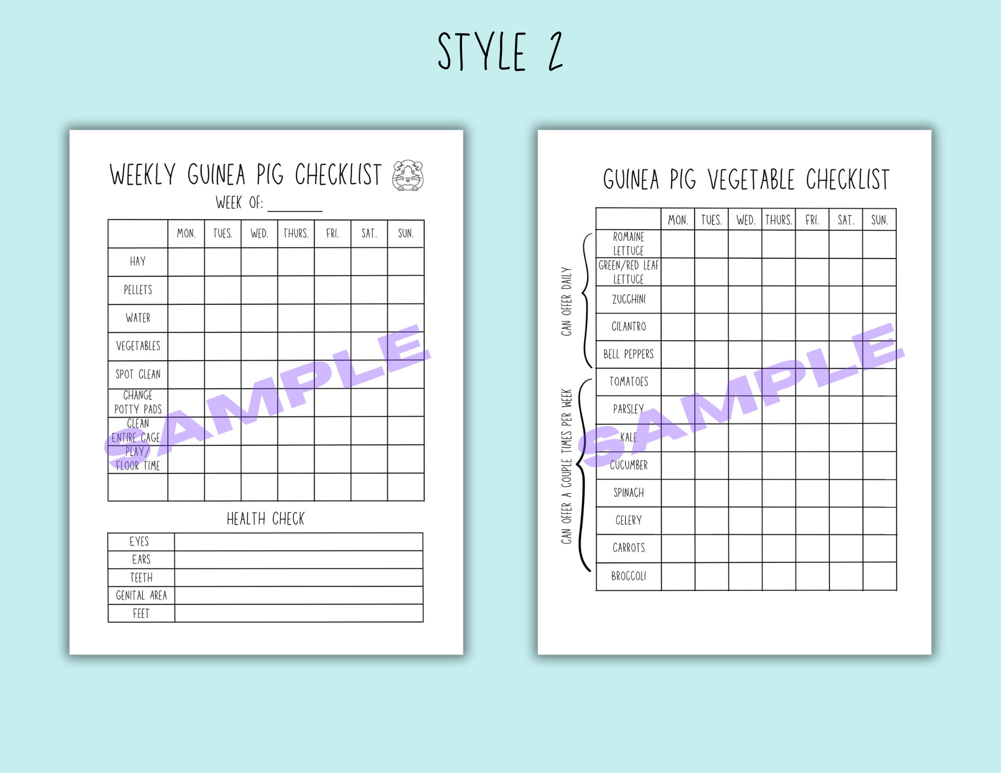 Guinea Pig Checklist Guinea Pig Weekly Care Planner Guinea Pig Weekly ...