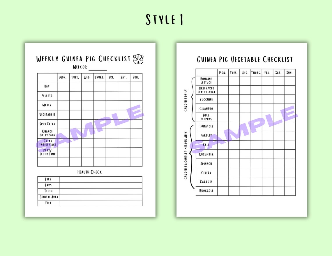 Guinea Pig Checklist Guinea Pig Weekly Care Planner Guinea Pig Weekly ...