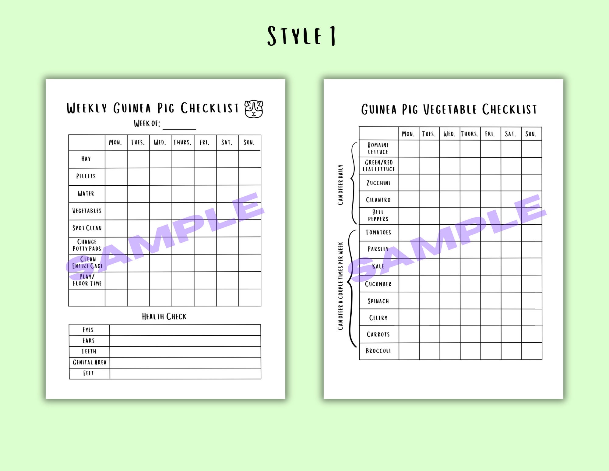 Guinea Pig Checklist Guinea Pig Weekly Care Planner Guinea Pig Weekly ...
