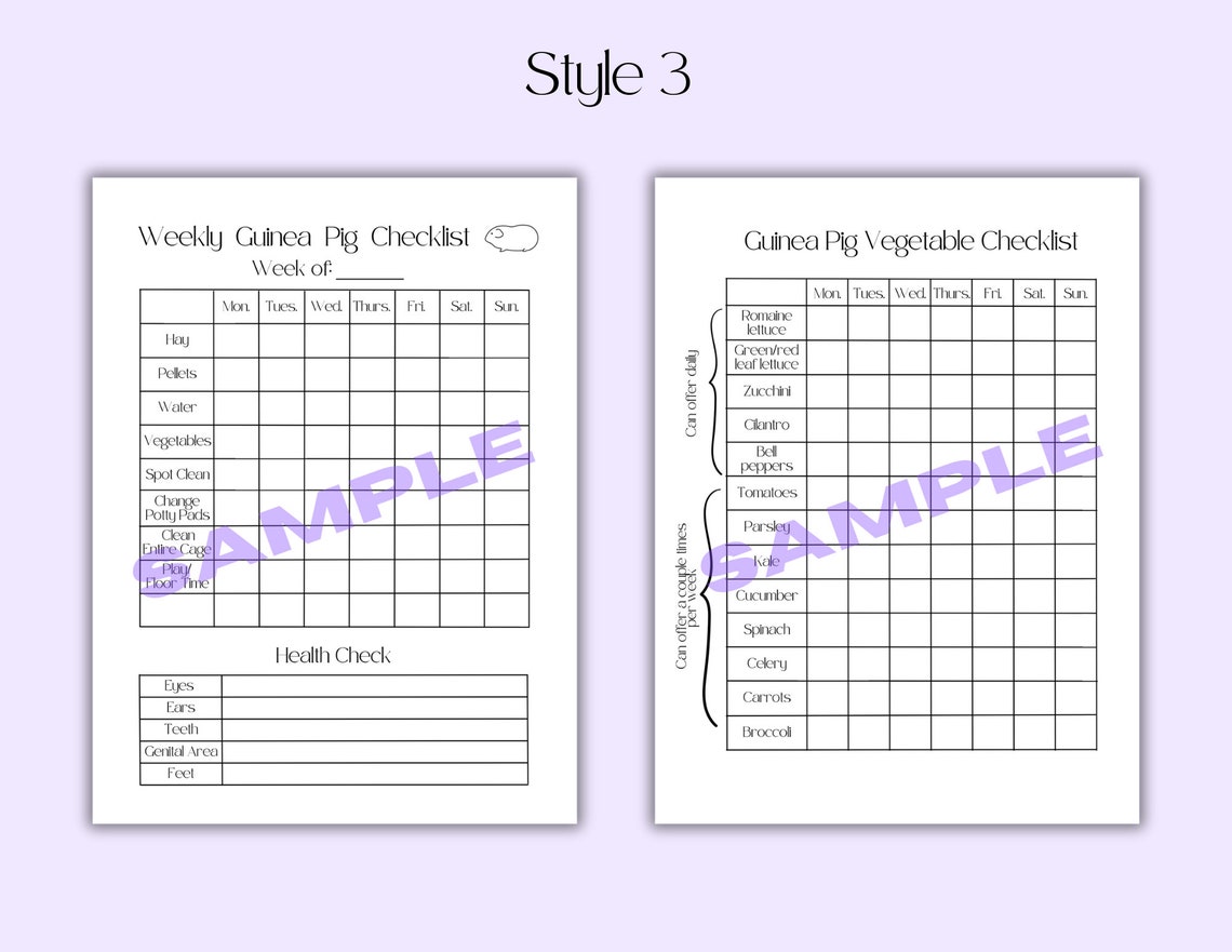 Guinea Pig Checklist Guinea Pig Weekly Care Planner Guinea Pig Weekly ...