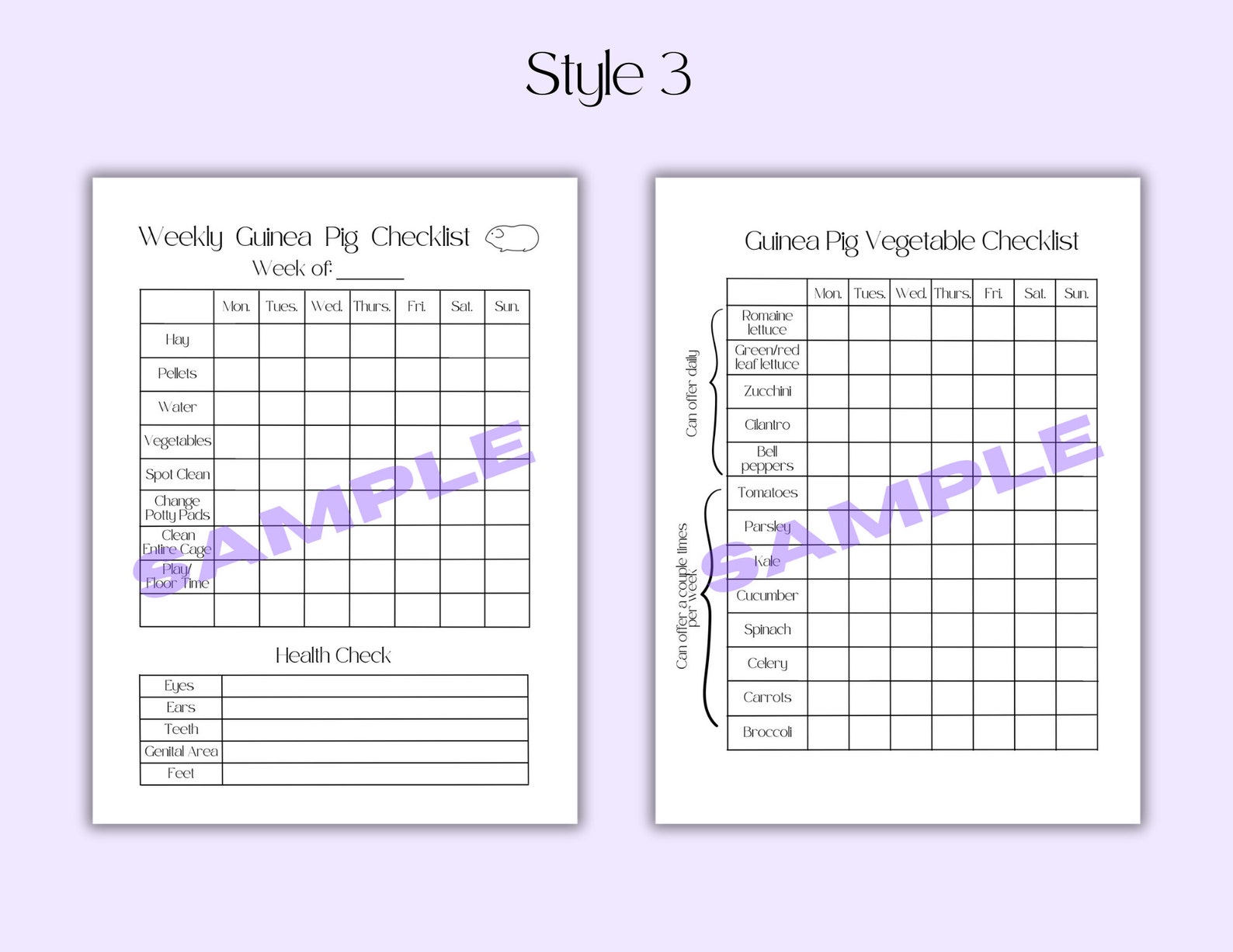 Guinea Pig Checklist Guinea Pig Weekly Care Planner Guinea Pig Weekly ...