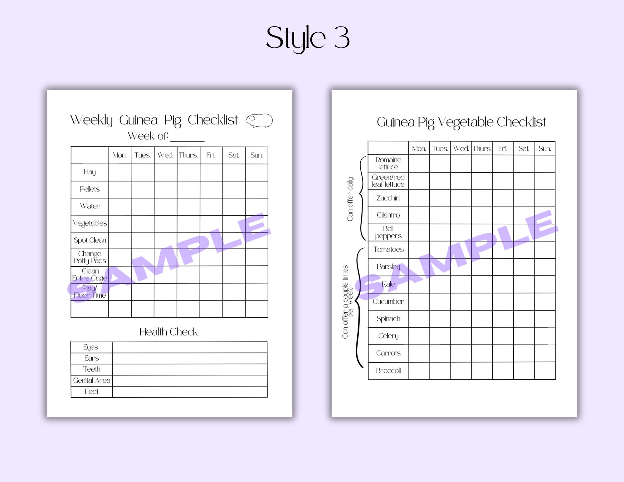 Guinea Pig Checklist Guinea Pig Weekly Care Planner Guinea Pig Weekly ...