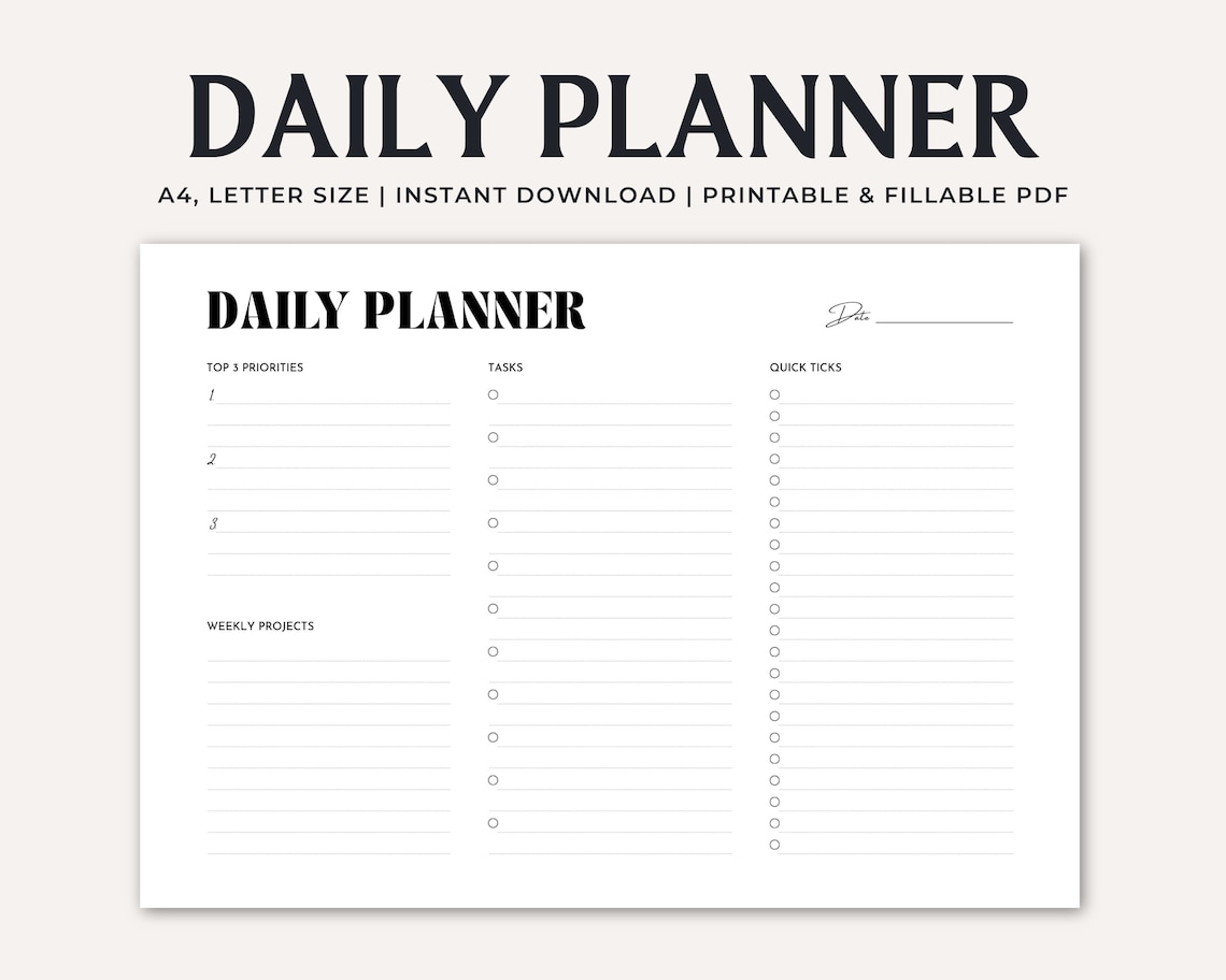Minimalist Daily Planner Printable & Fillable PDF | Daily to Do List ...