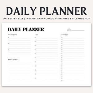 Minimalist Daily Planner Printable & Fillable PDF | Daily to Do List ...