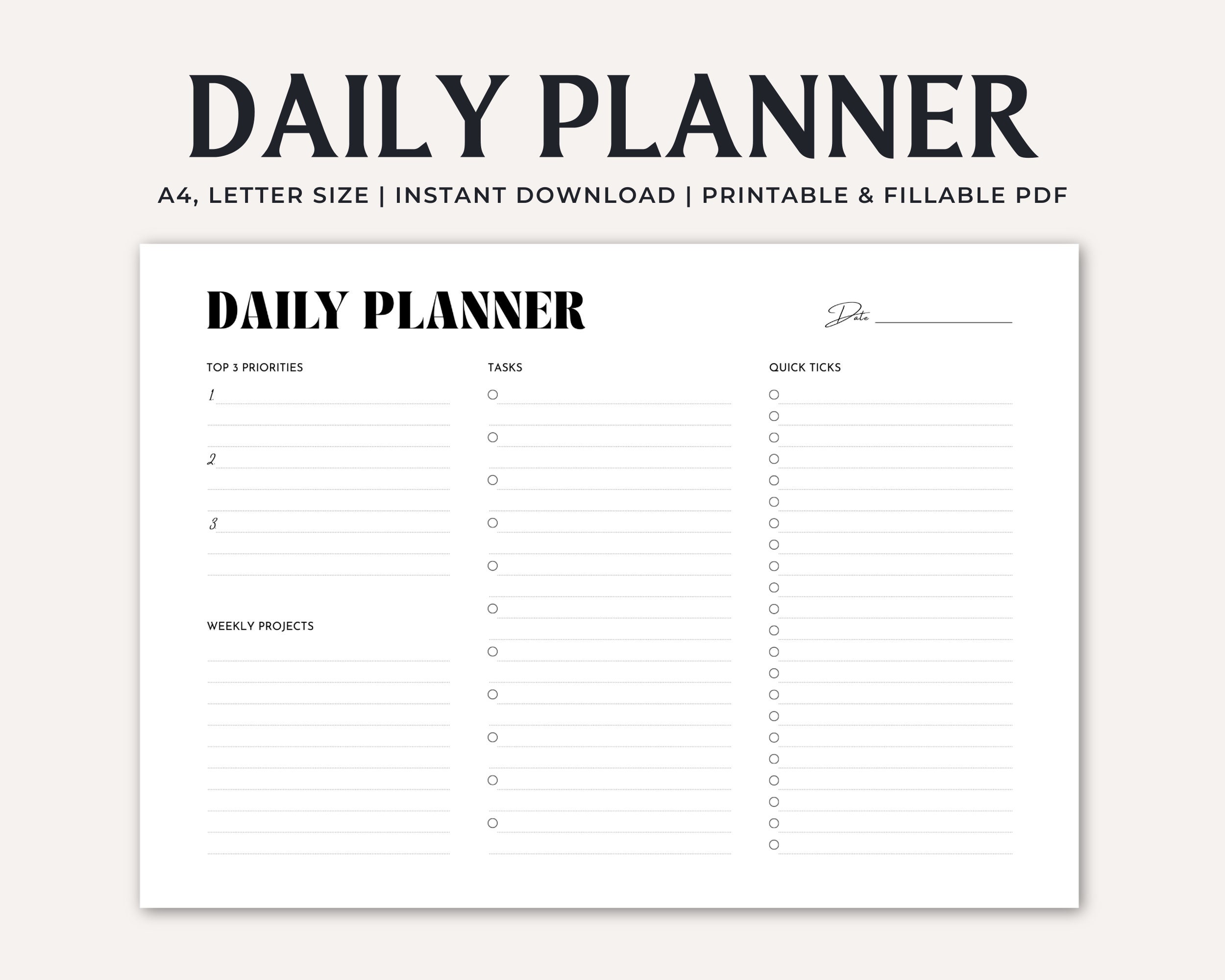 Minimalist Daily Planner Printable & Fillable PDF Daily to Do List for ...