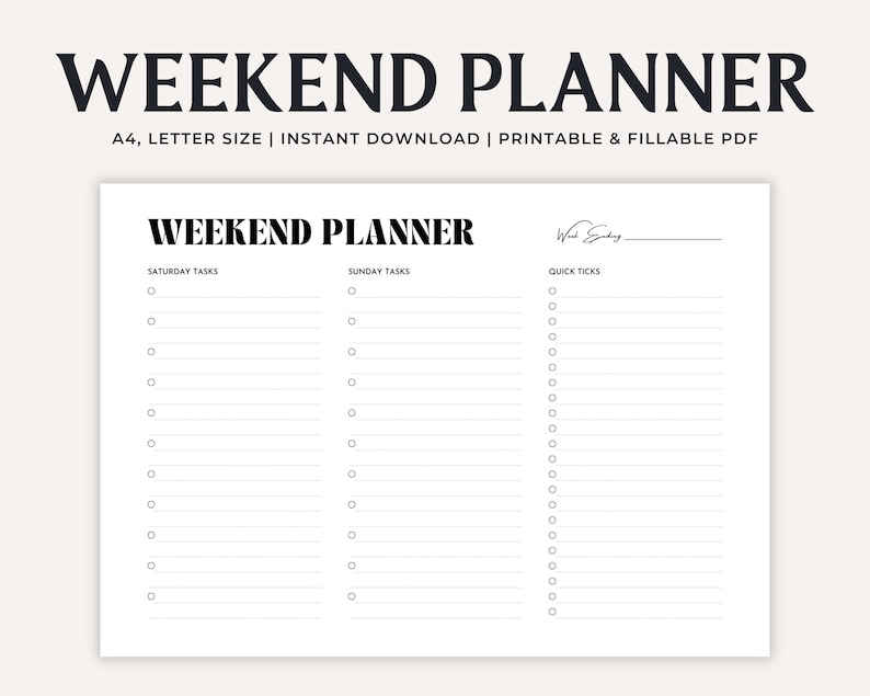 Minimalist Weekend Planner Printable & Fillable PDF | Daily to Do List ...