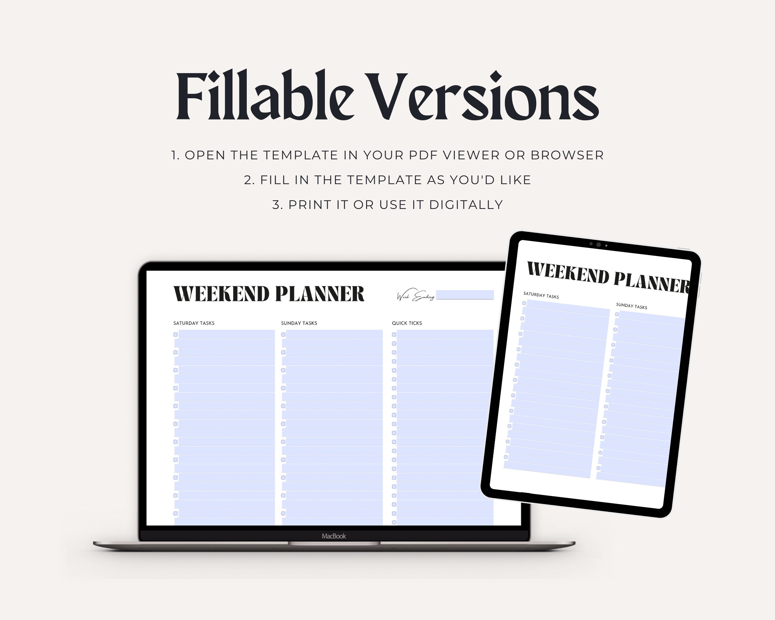 Minimalist Weekend Planner Printable & Fillable PDF | Daily to Do List ...