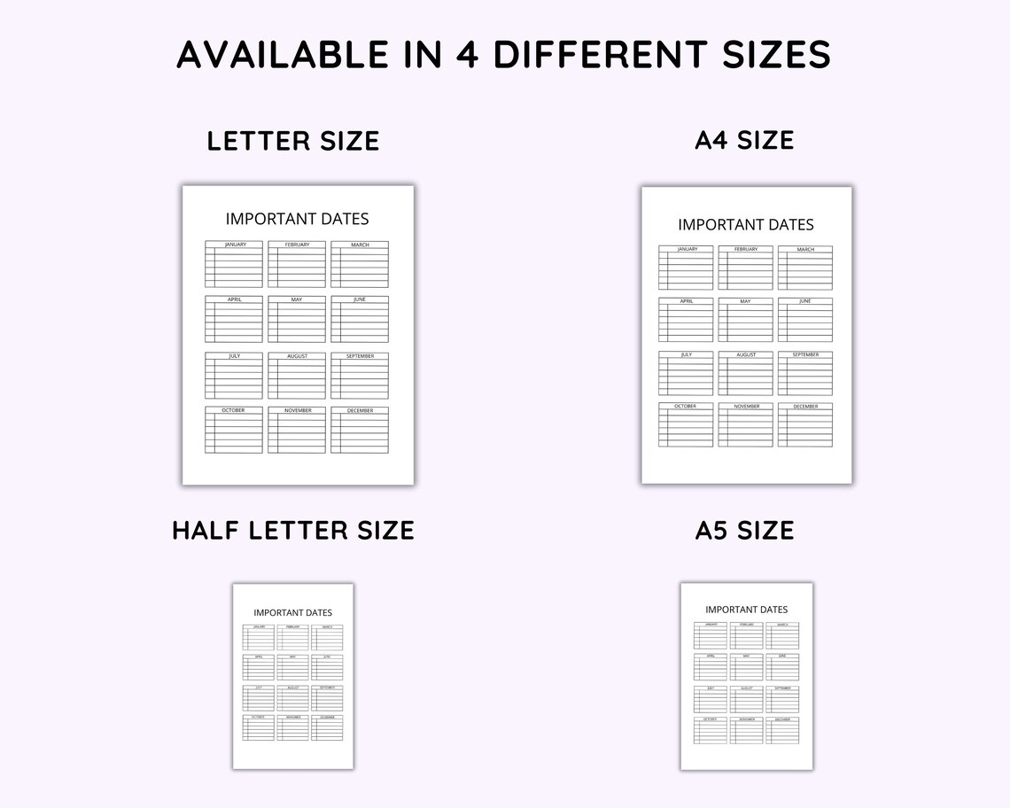 Yearly Important Dates Printable,important Dates Template,yearly Event ...