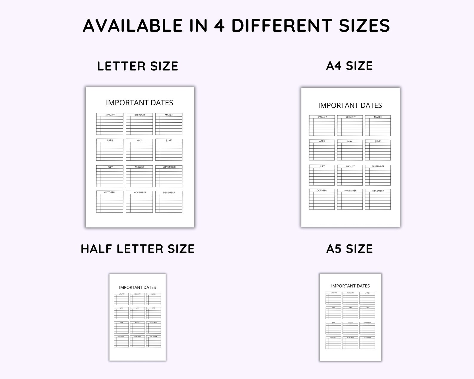 Yearly Important Dates Printable,important Dates Template,yearly Event ...