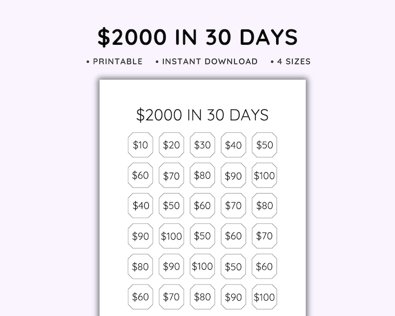 Savings Challenge Printable,save 2000 in 30 Days,2000 Money Saving ...