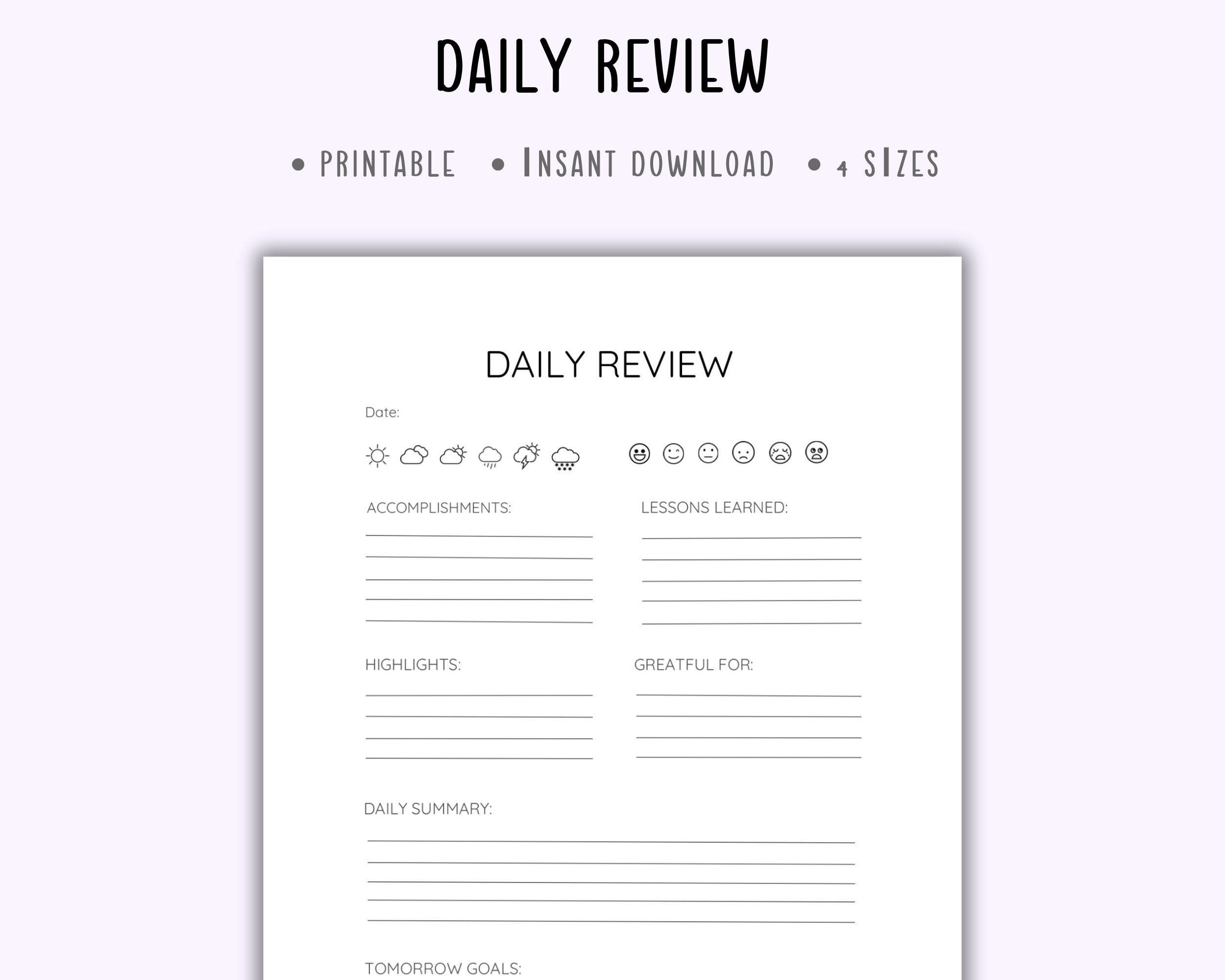 Daily Review Printable,daily Reflection,gratitude Journal Printable,daily Evaluation,daily ...