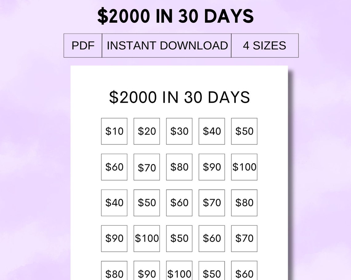 Savings Challenge Printable,save 2000 in 30 Days,2000 Money Saving ...