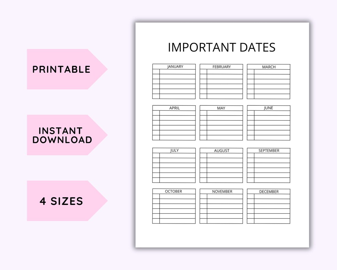 Yearly Important Dates Printable,important Dates Template,yearly Event ...