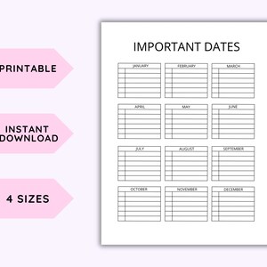 Yearly Important Dates Printable,important Dates Template,yearly Event ...
