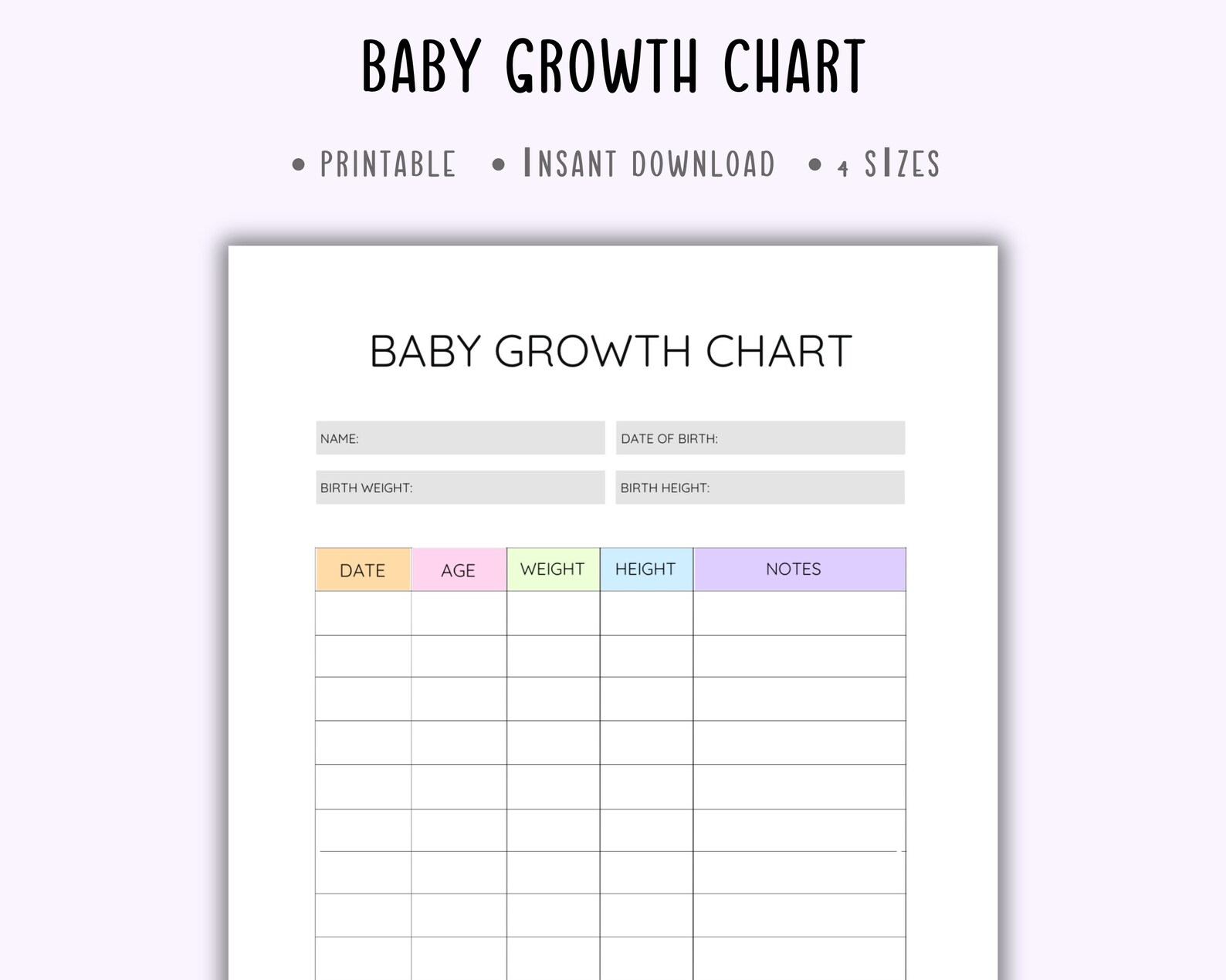 Baby Growth Chart Printable,baby Growth Tracker Printable,baby Growth ...