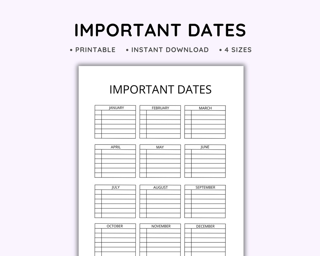 Yearly Important Dates Printable,important Dates Template,yearly Event ...